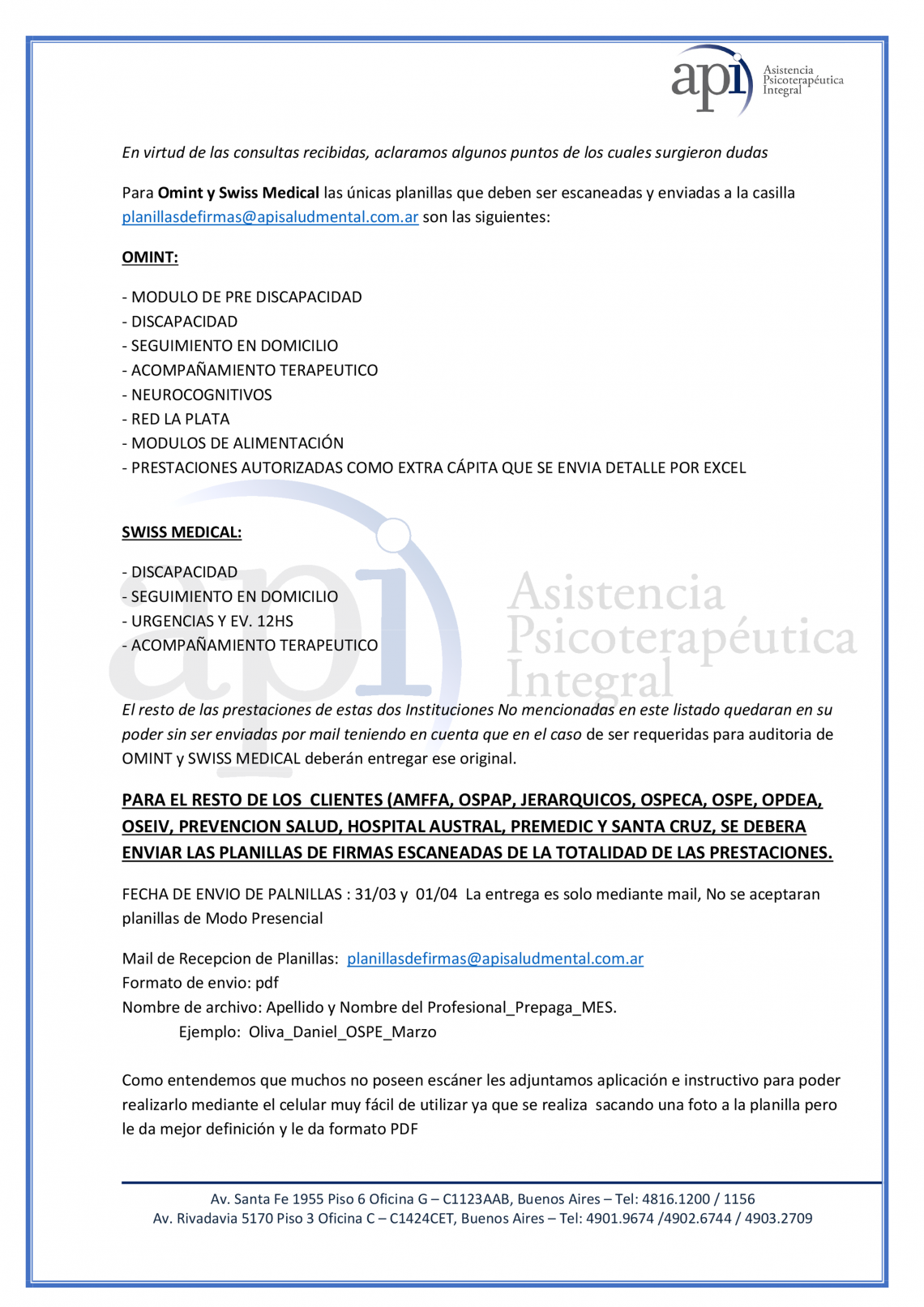 IMPORTANTE – Entrega de Planillas – API Salud Mental